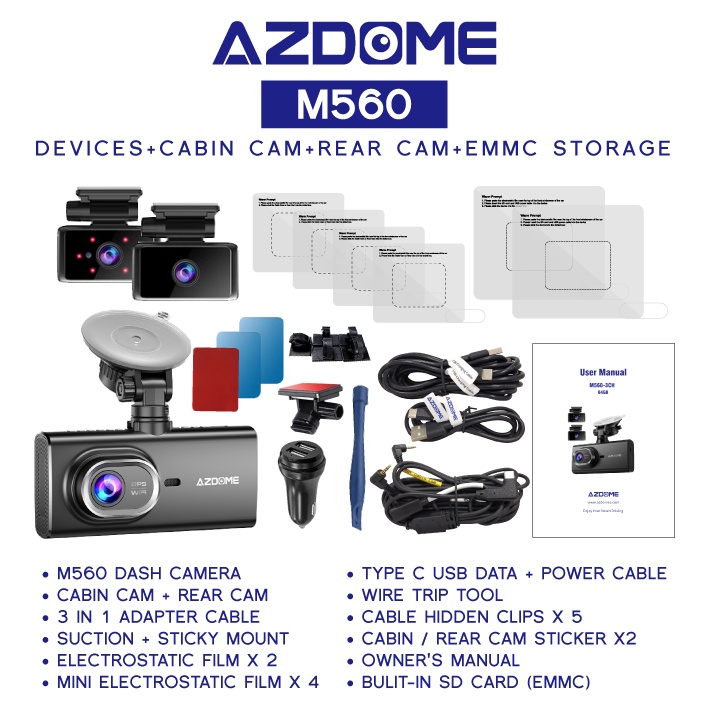 AZDOME M560-3CH 2160P/4K Ultra HD 3 Channel Front & Rear DashCam Night ...