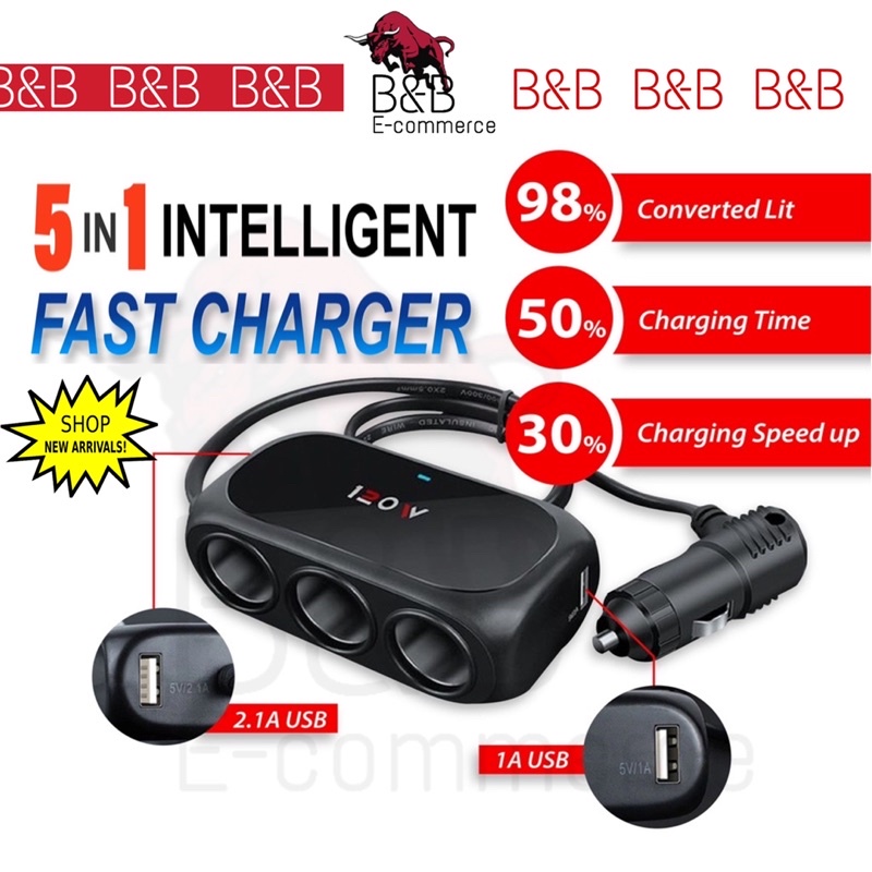 Universal Car 120W DC 12V-24V 5IN1 (2 USB port + 3 Cigarette Socket ...
