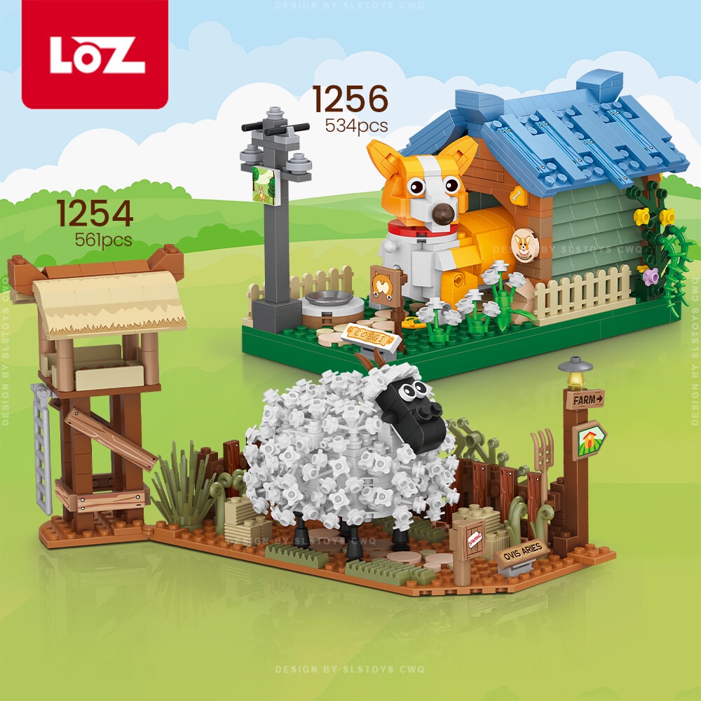 LOZ IDEAS Mini Block 1254 / 1256 Animal Farm Sheep Corgi Village House Decoration Building Block ...