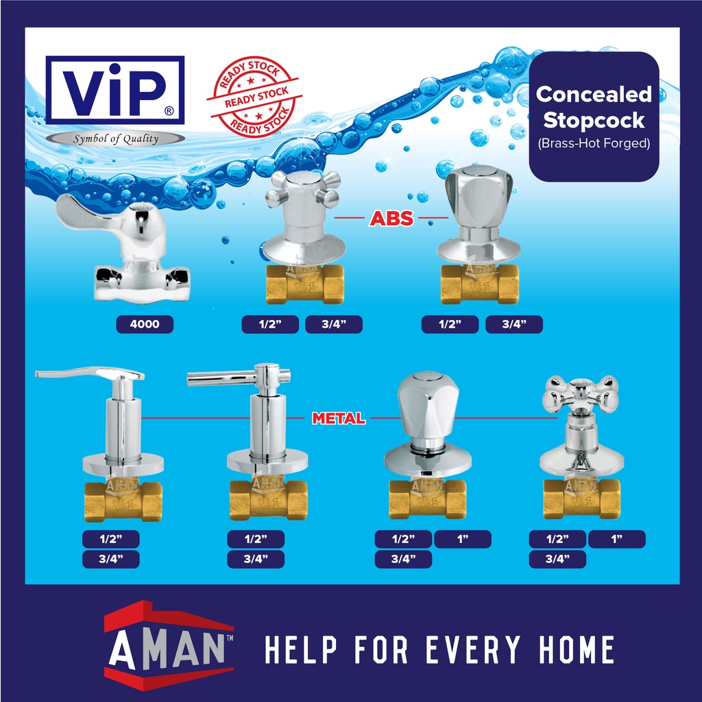 ViP 1/2" 3/4" 1" High Quality ABS Metal Head Chrome Plated Brass Hot Forged Stopcock Concealed ...