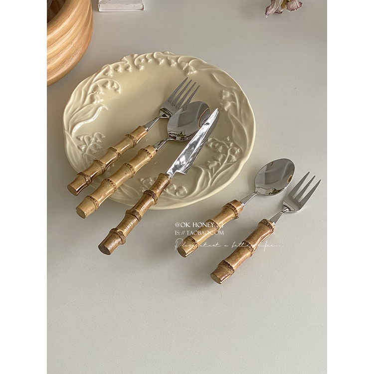 Handmade Bamboo Handle Western Food Dinnerware Set ins304 Stainless ...