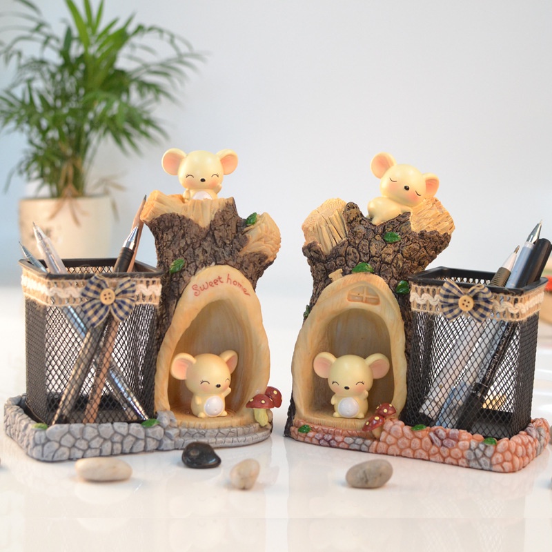 Cute Mouse Hamster Ornament Decoration Big-eared Rat Grid Pen Holder ...