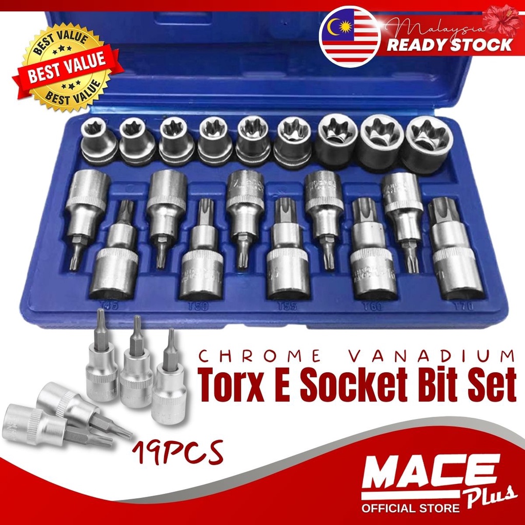 19pcs ½” Chrome Vanadium Torx E Type Spanar Socket Box & Bit Hand Tool Set | Shopee Malaysia
