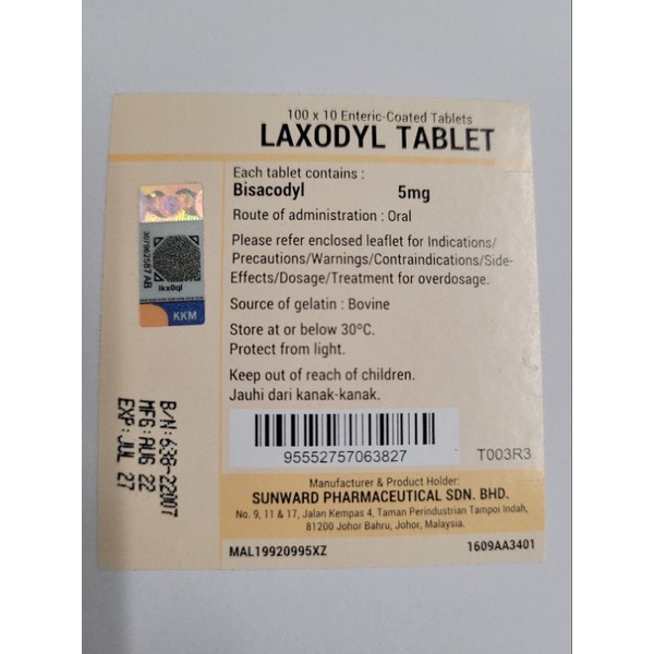 Sunward Laxodyl 5mg (Bisacodyl) Tab 100x10's/Box RM76 | Shopee Malaysia