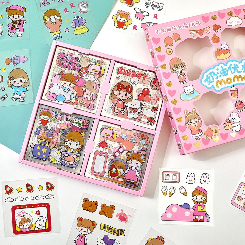 100 Sheets/Box Cute Girl Cartoon Stickers PET Handbook Stickers ...