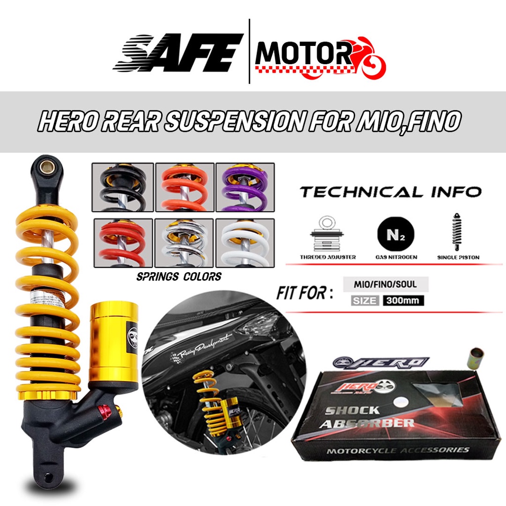 Racing Hero Rear Shock absorber black gold series MIO SPORTY / MIO I 125 / CLICK / BEAT FI 300MM ...