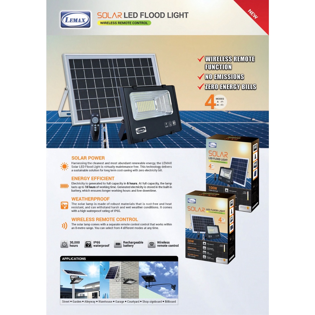 VSNMART LEMAX Solar LED Flood Light with Remote Control (50W, 100W ...