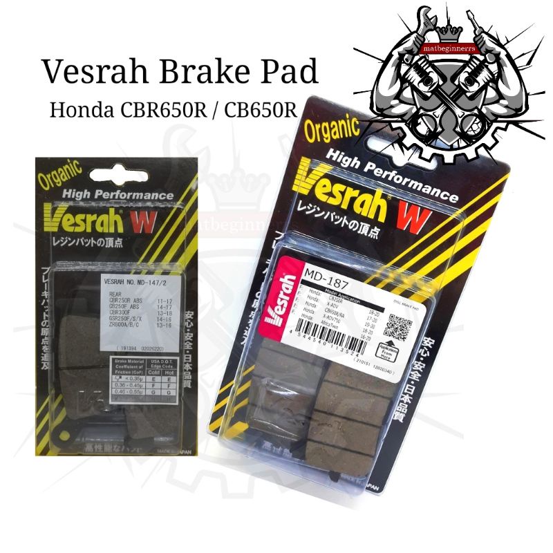Vesrah Brakepad brake pad Front Rear Depan Belakang Honda CBR650R ...