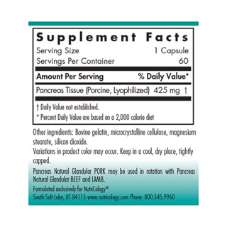 Nutricology Pancreas 425mg Supplement - 60 Capsules Pancreas Natural ...