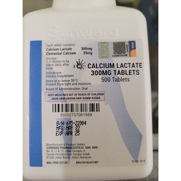 Sunward Calcium Lactate 300mg 500's/Bottle | Shopee Malaysia