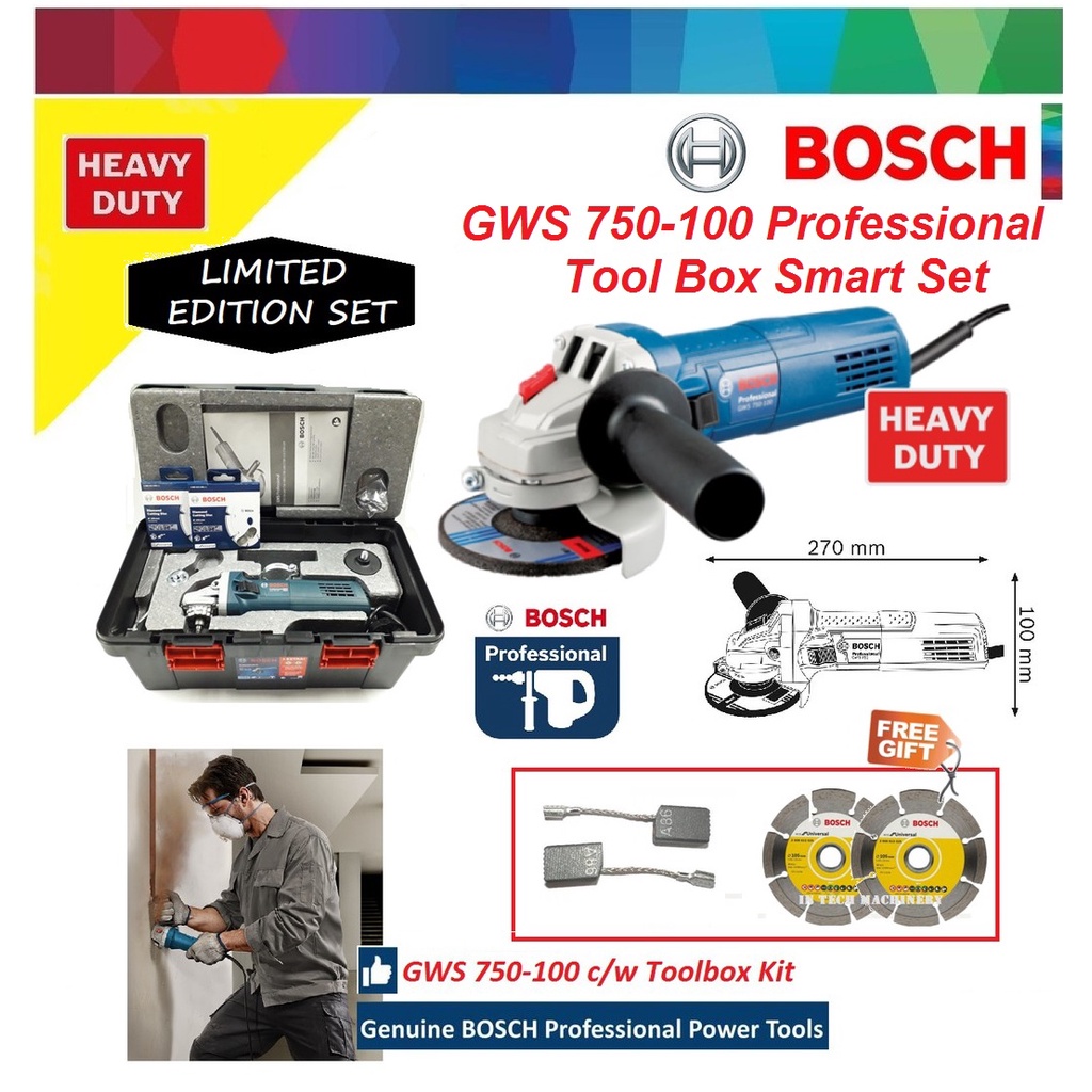 Bosch GWS 750W 100mm 4-inch Angle Grinder with ToolsBox Accessory ...