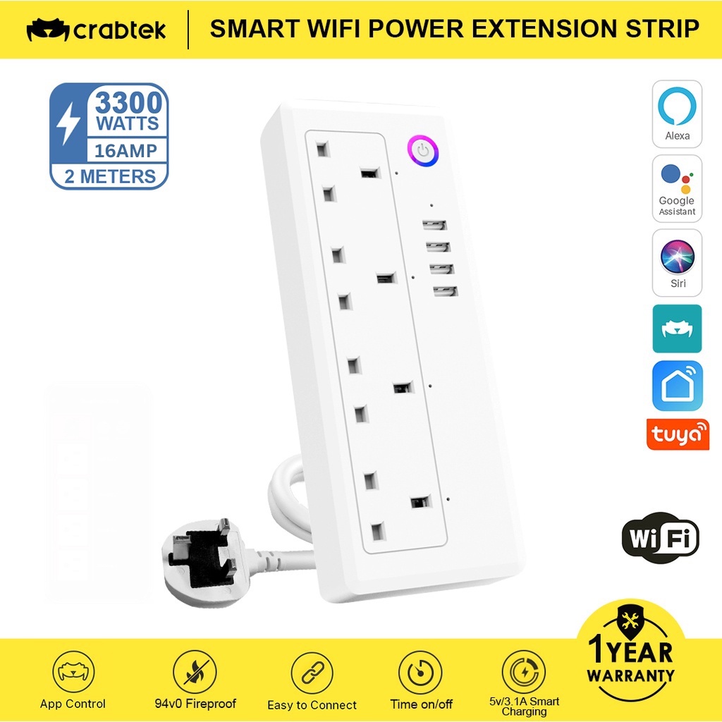Crabtek Wi Fi Smart Power Strip For Uk Plug W 4 Outlet 4 Usb Socket Overload Protection Shopee