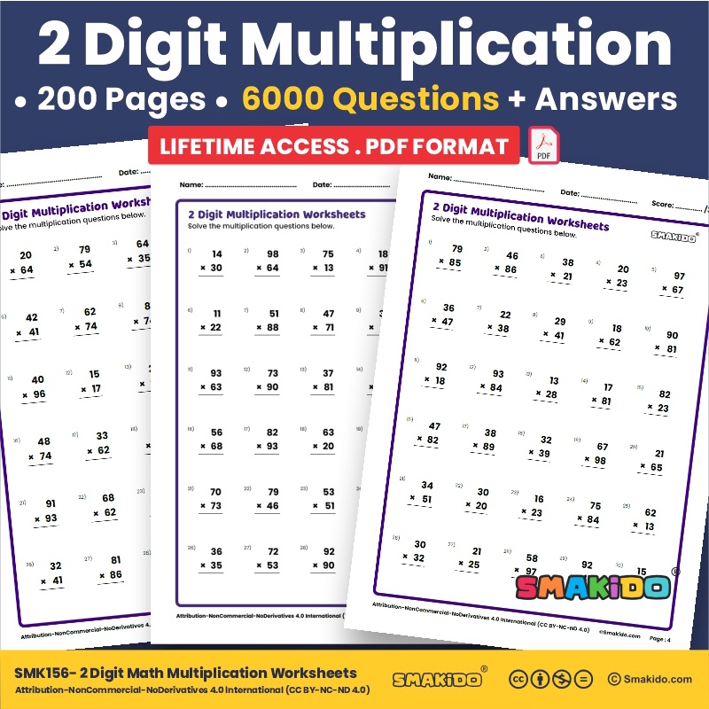 [ Soft Copy/ PDF ] 6000 Questions- 2 Digit Multiplication Worksheets ...