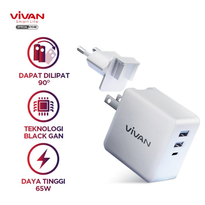 Vivan Charger Fast Charging GaN02S 65W 3A USB-A USB-C PD QC 3.0 ...