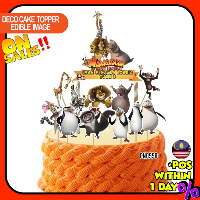 [CUSTOM NAME] Happy Birthday Cake Topper Madagascar Haiwan Animal ...
