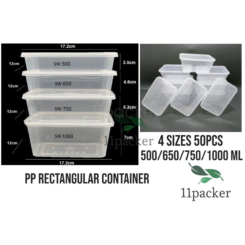 [50sets] PP Rectangular Microwavable Container with Lid/ Food Container/ 500/650/750/1000ml ...