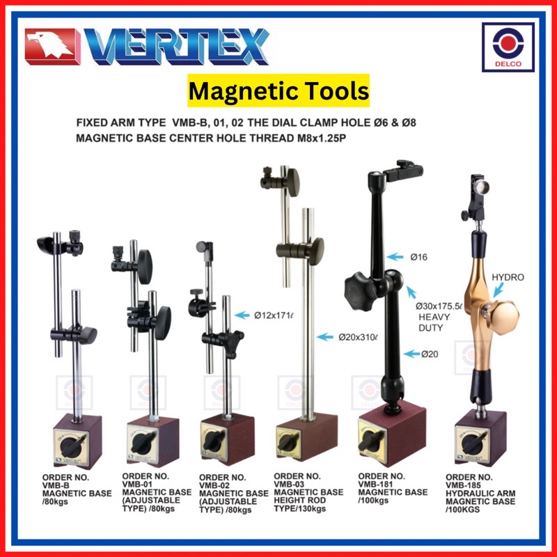 VERTEX TAIWAN Magnetic Stand Tools for dial gauge indicator fixed arm type vmb clamping hole ...