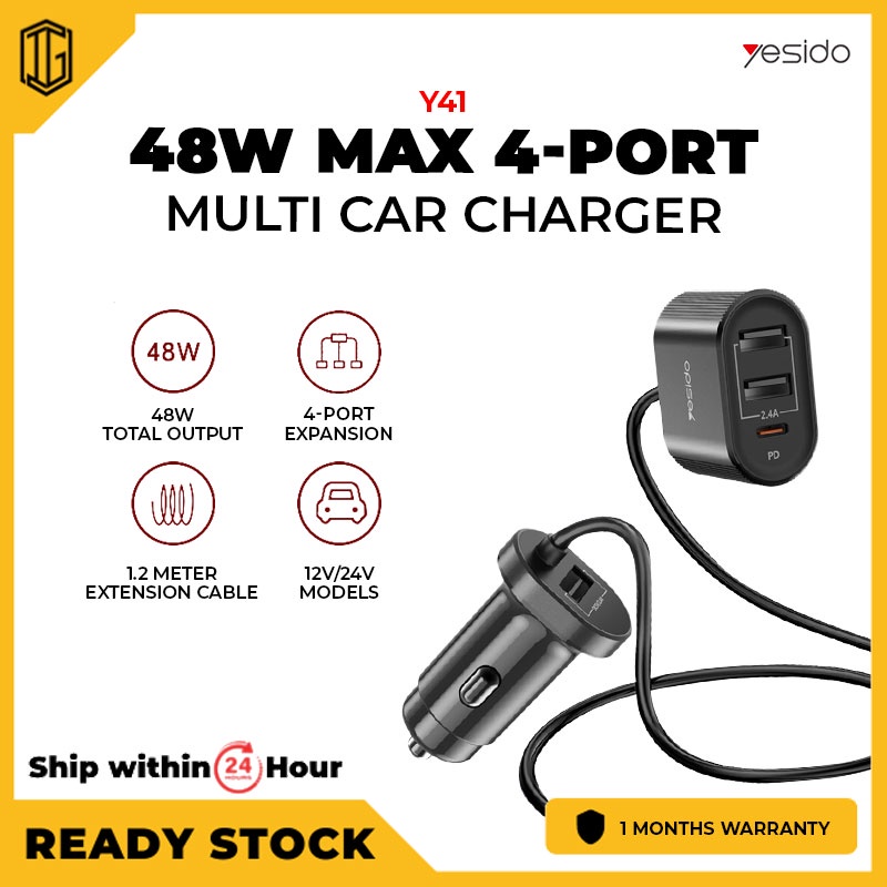 YESIDO Y41 48W Max 4-Port Multi Car Charger 1.2 Meter Extension Cable 4 ...
