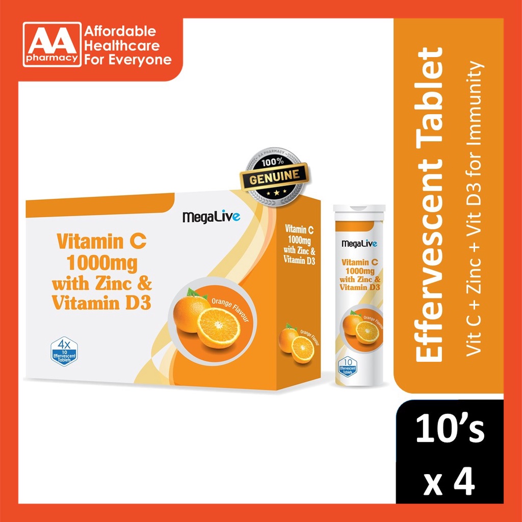 Megalive Vitamin C Effervescent 1000mg With Zinc & Vit D3 (4 X 10's) | Shopee Malaysia