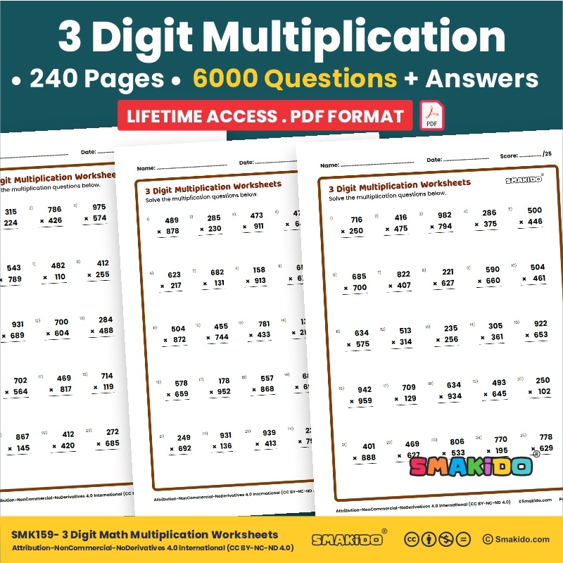 [ Soft Copy/ PDF ] 6000 Questios 3 Digit Multiplication Worksheets with Answer Keys | Printable ...