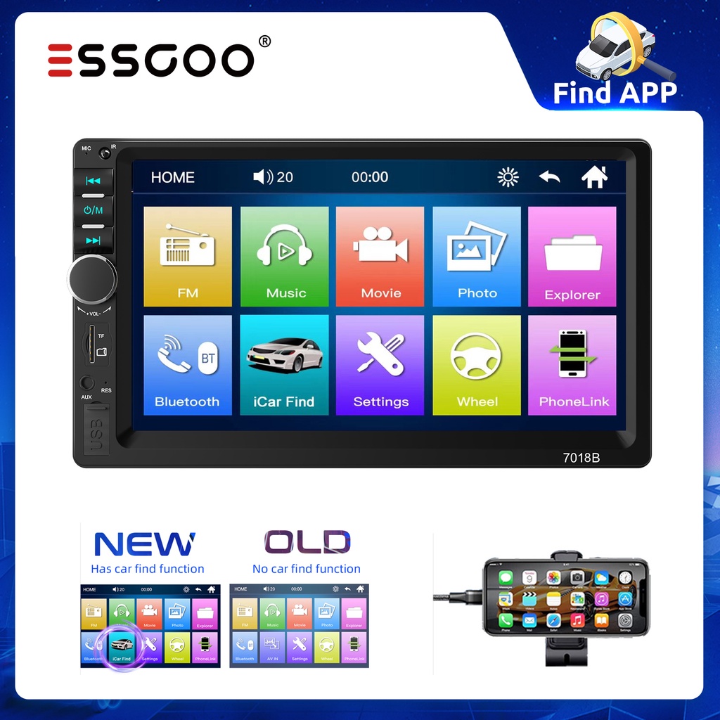 ESSGOO 7018B Double 2 DIN Car Radio Stereo Bluetooth MP5 Player USB/TF/FM/MirrorLink Car Player ...