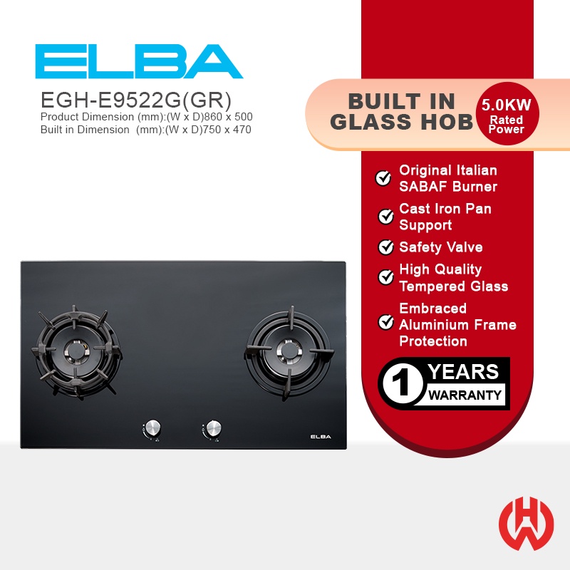 ELBA ITALY SABAF 2 BURNES SAFETY BUILT IN GLASS HOB 5.0KW EGH-E9522G(GR ...