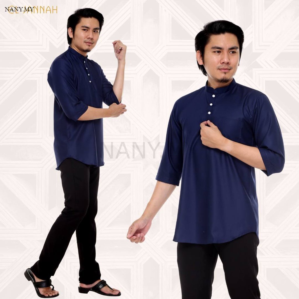 BAJU KURTA LELAKI DEWASA COTTON LENGAN TIGA SUKU CEKAK MUSANG NAVY BLUE ...