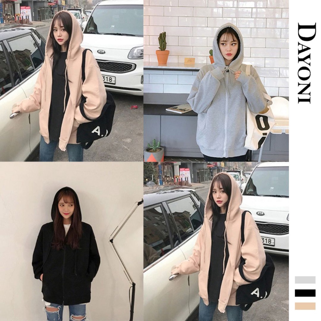 Dayoni Korean Hoodie Plain Color Women Long Sleeve Hooded Zip Outerwear ...