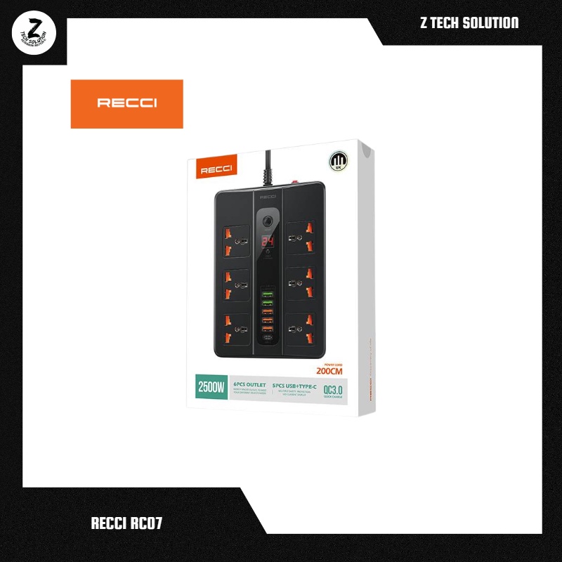 Recci RC07 2500W Power Socket ( 6 Universal Sockets + 5 USB Ports ...