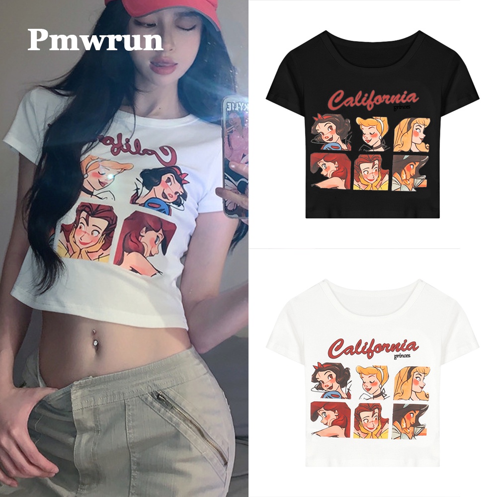 Cartoon Printed Short Sleeved T Shirt Womens Korean Style Cute Round