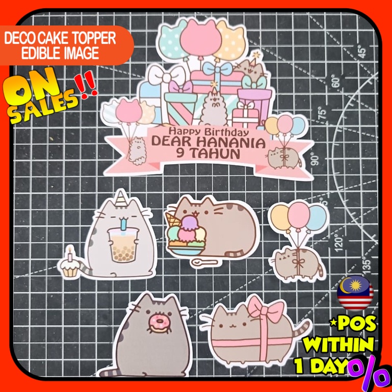 [CUSTOM NAME] Happy Birthday Cake Topper Pusheen The Cat Decoration Set ...