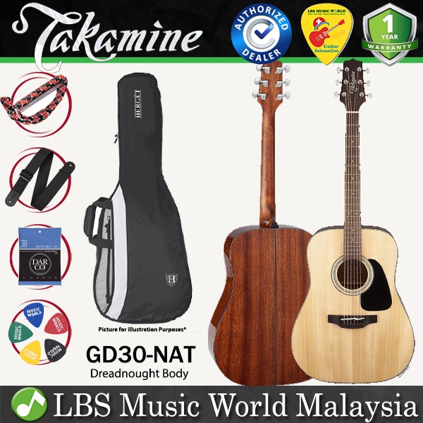 Takamine GD30-NAT Dreadnought Solid Spruce Top Acoustic Guitar with Bag - Natural (GD30 NAT ...