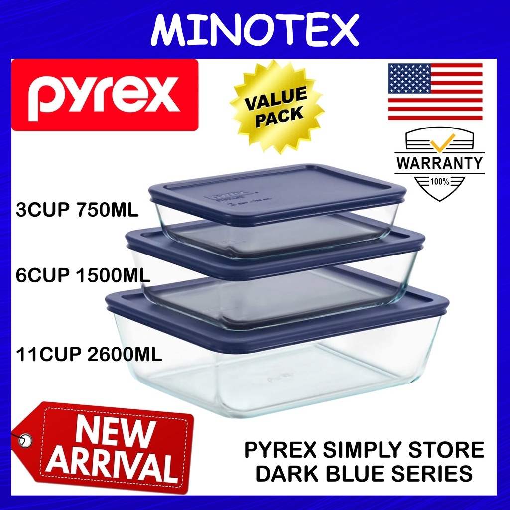 (Set) Pyrex Simply Store Round/Rectangle Glass Storage with Lid (Dark ...