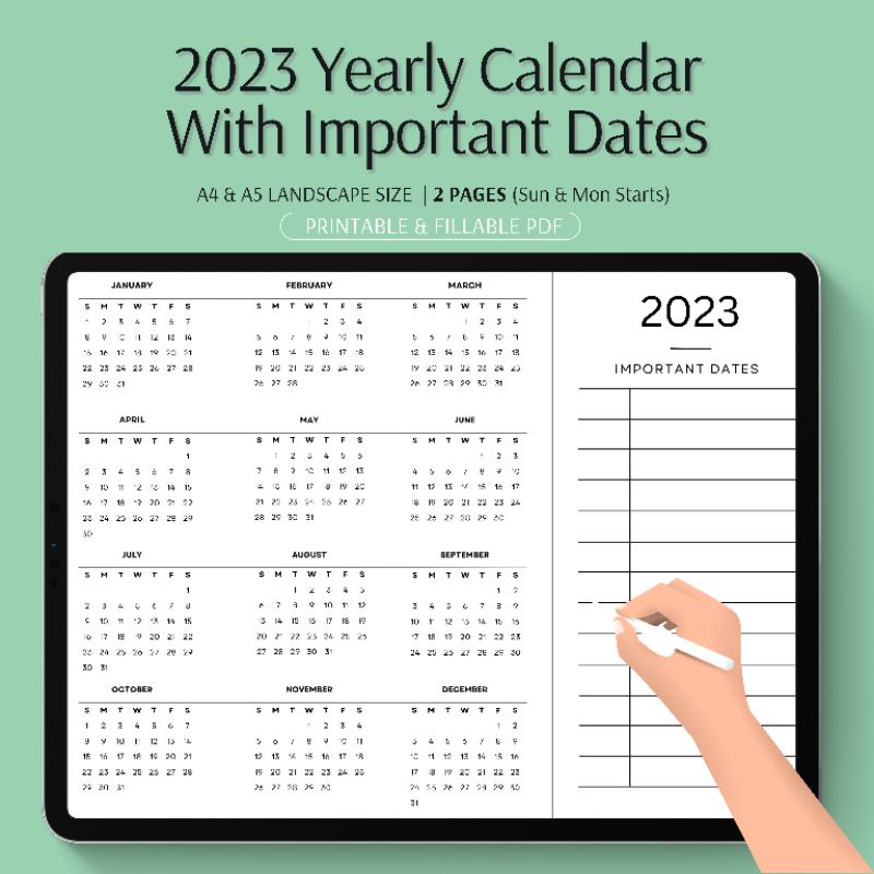2023 Yearly Calendar with Important Dates | Wall Calendar Template ...
