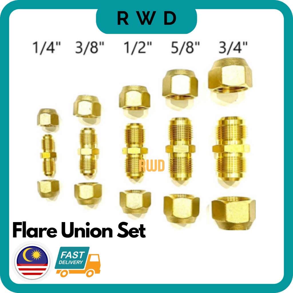 FLARE UNION SET Copper Flare Nut 1/4" 3/8" 1/2" 5/8" 3/4" ( 2 PCS FLARE ...