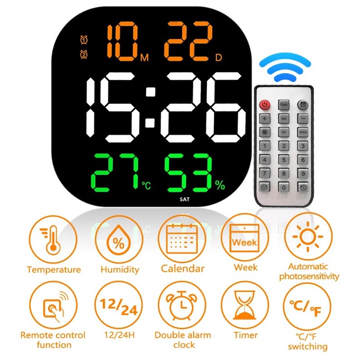 Digital Large Wall Clock Temp Humidity Remote Control Automatic Light ...