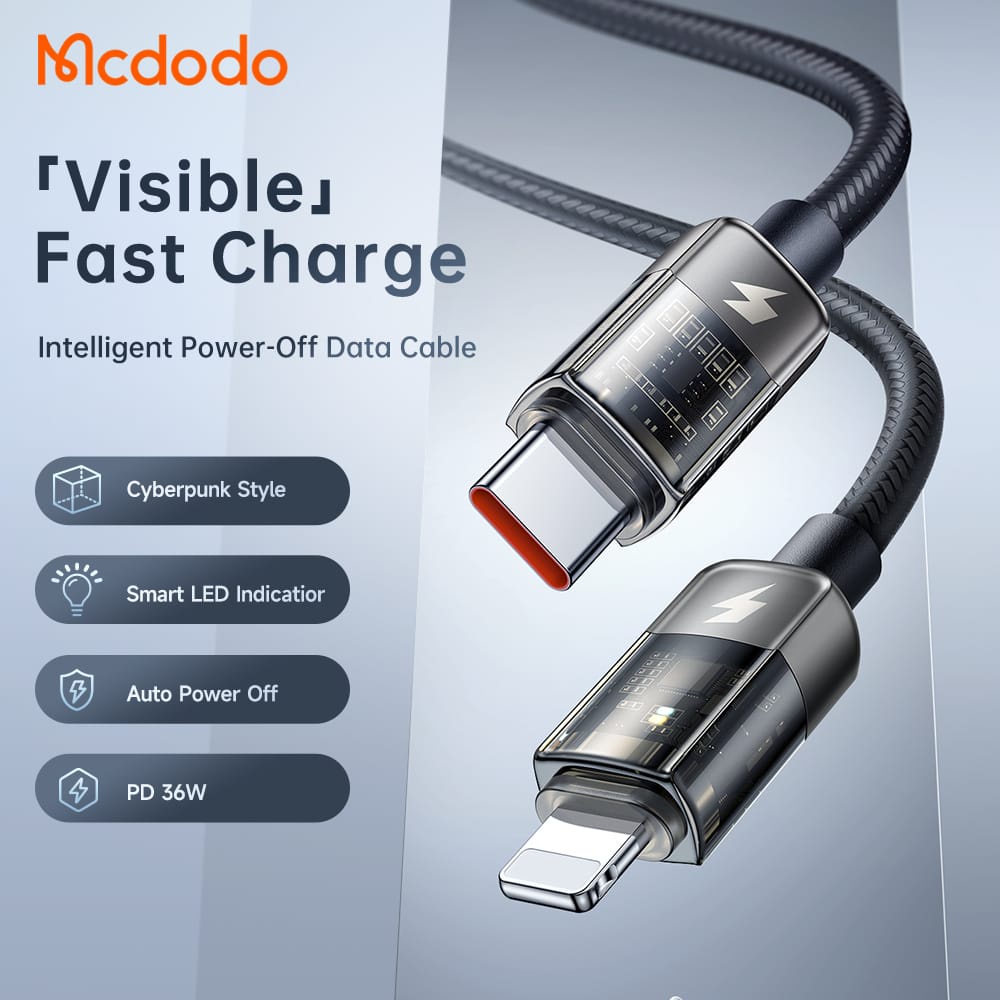MCDODO CA-3160 36W Auto Power Off Transparent PD USB Data Cable Type C To iP Super Fast Quick ...
