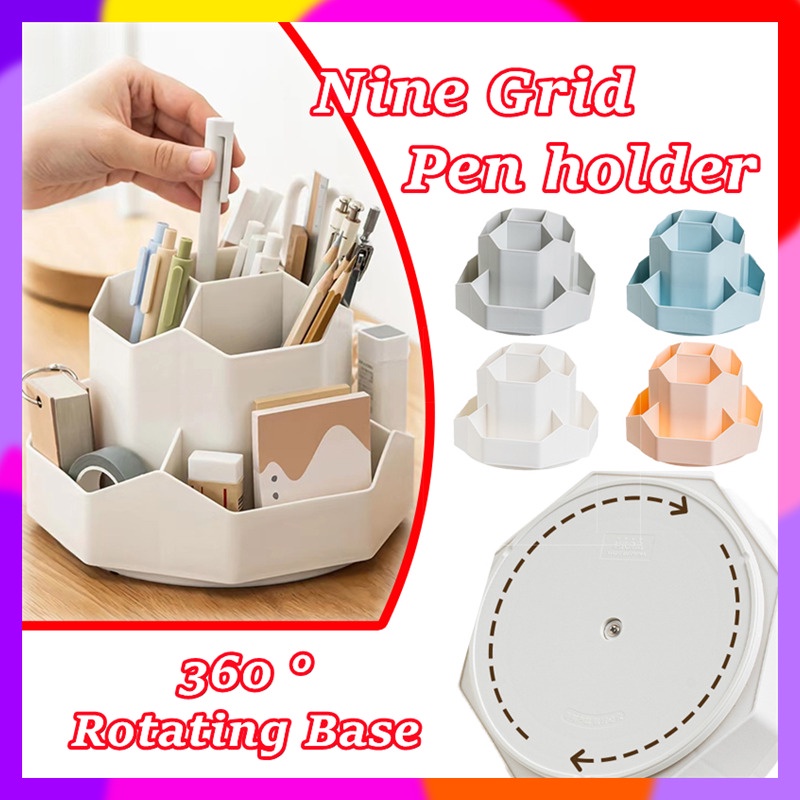 🔥24H🔥Nine Grid Pen Holder Large Capacity Desk Organizer 360 Rotatable ...