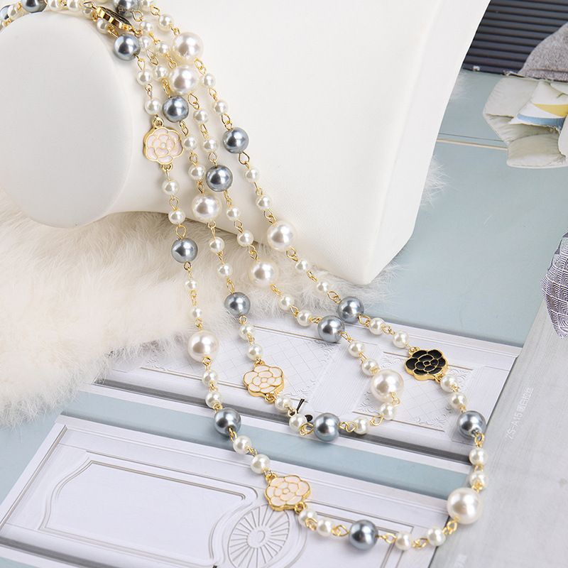 LZ Rantai Manik Panjang Fake Pearl Long Necklace Labuh Flower Rose Rantai Leher ala Mutiara ...