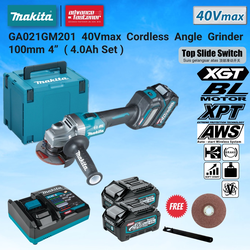 MAKITA GA021GM201 / GA021GD201 / GA021 40Vmax Cordless Angle Grinder ...