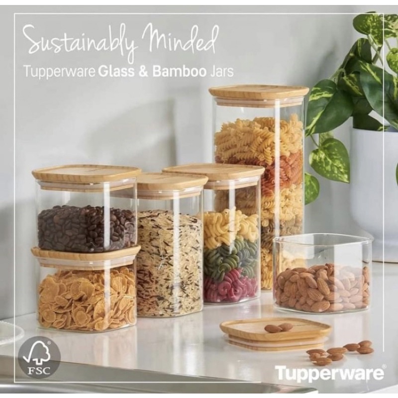 Tupperware Glass & Bamboo Storage Jar Set with Gift Box Borosilicate ...