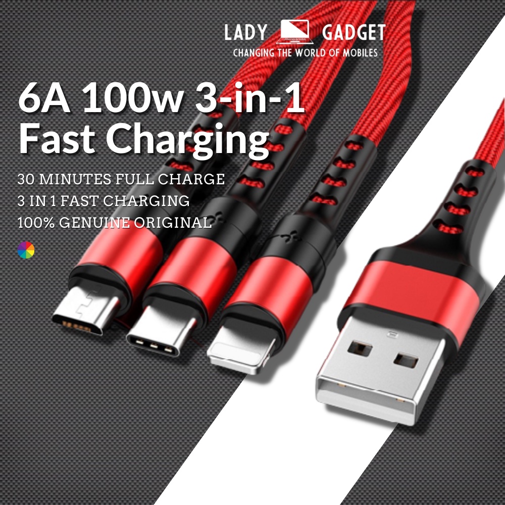 New 6A Fast Charger Cable 3 in 1 Charger Cable Micro Usb / Type-C / for ...