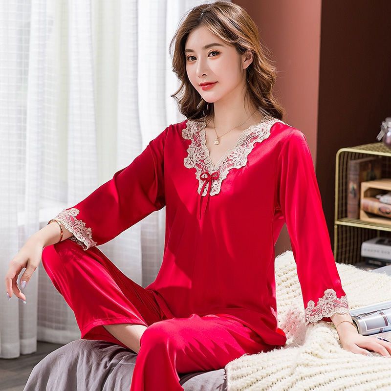 Pajama women long-sleeved middle-aged mother nightwear Ice Silk pyjamas ...
