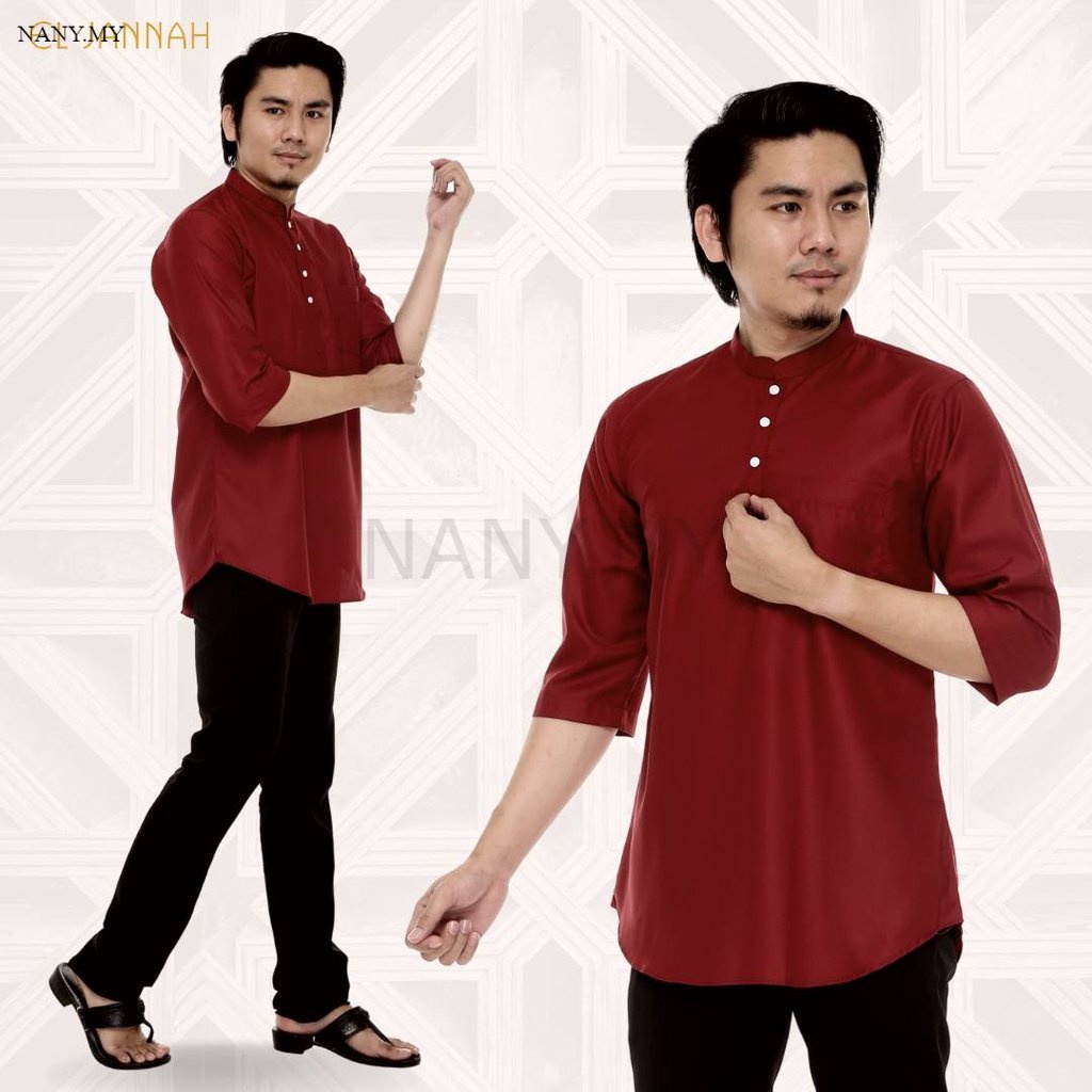 BAJU KURTA LELAKI DEWASA COTTON LENGAN TIGA SUKU CEKAK MUSANG MAROON ...