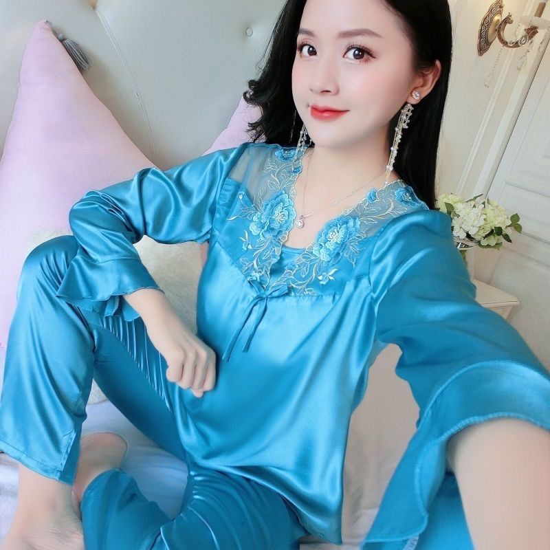 Pajama women long-sleeved middle-aged mother nightwear Ice Silk pyjamas ...