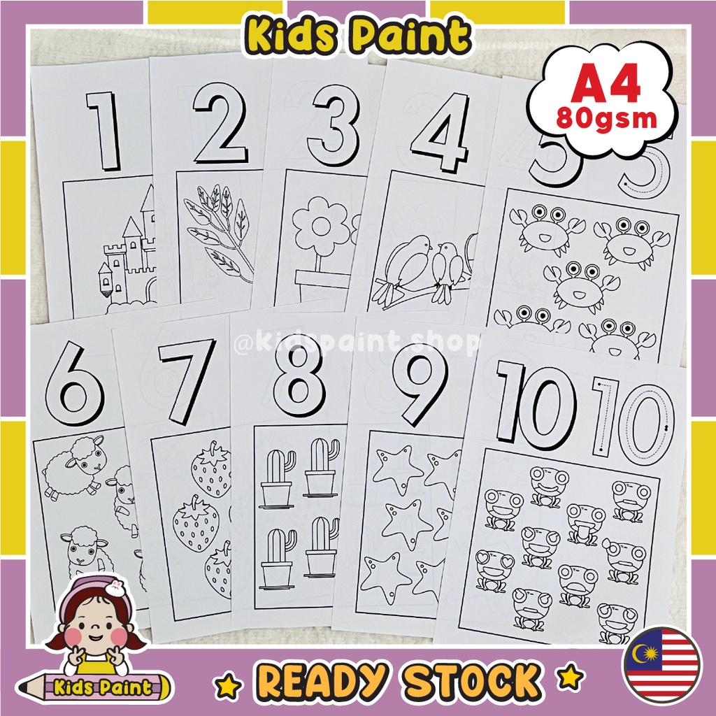 [KidsPaint] Kids Number Tracing 1-10 Colouring Paper 10 Sheets (A4 ...