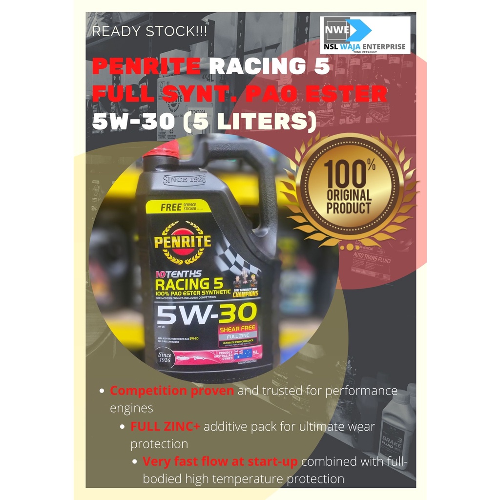 PENRITE 10 TENTHS RACING 5W-30 ( 5W30 100% PAO & ESTER) 5 LITERS FULL ...