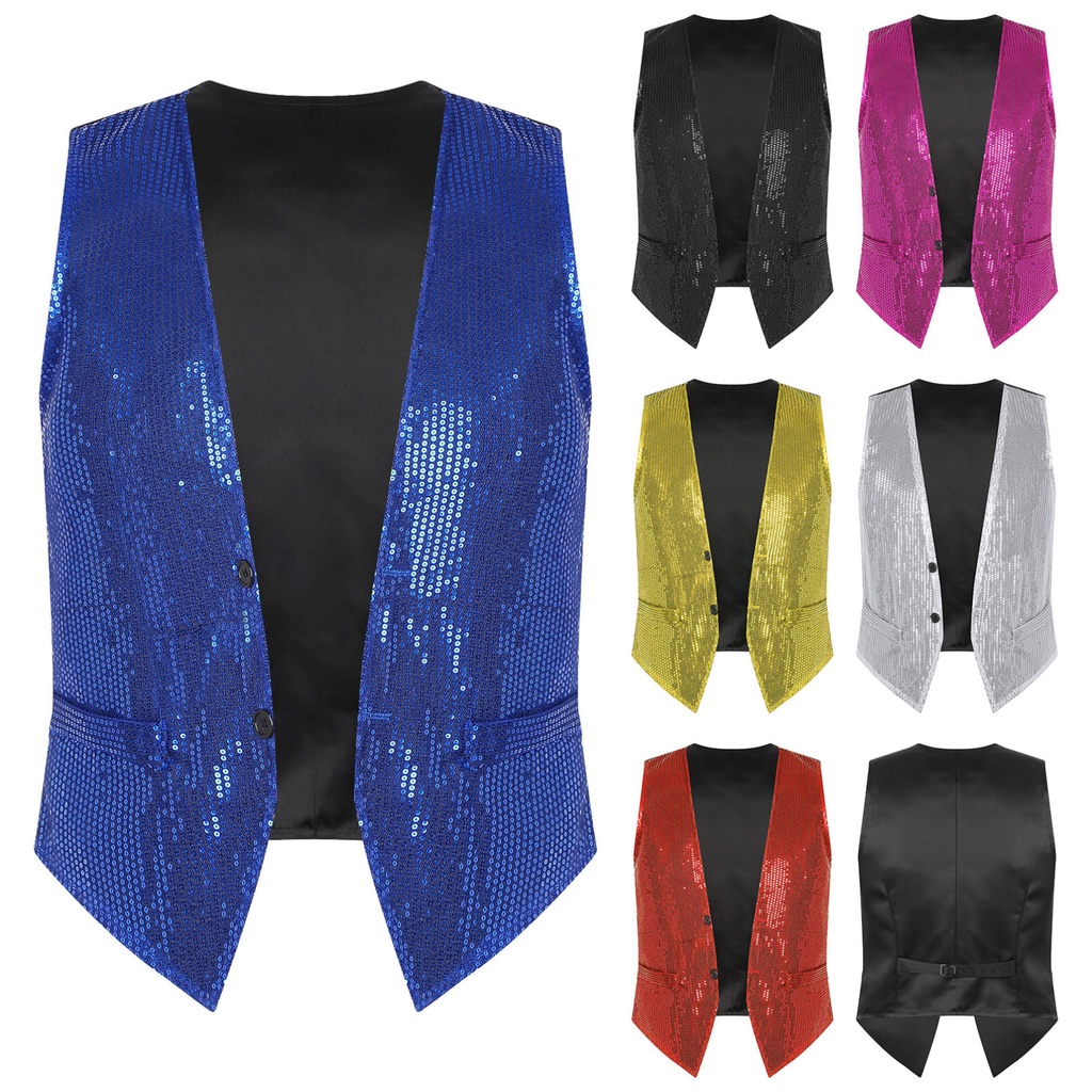 Mens Sequin Vests Dress Suit Vest Casual Waistcoat with Pockets for ...