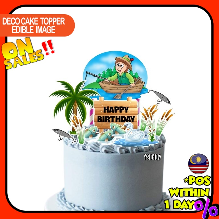 [CUSTOM NAME] Happy Birthday Cake Topper Fishing (Memancing) Decoration ...
