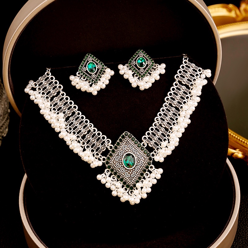Luxury Silver Color Geometric Jewelry Set Women Vintage Green Crystal ...